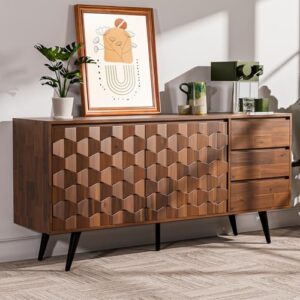 bme sideboard georgina solid wood 2 doors & 3 drawers, 61'' mid century modern cabinet with geometric pattern for kitchen, dining, living room