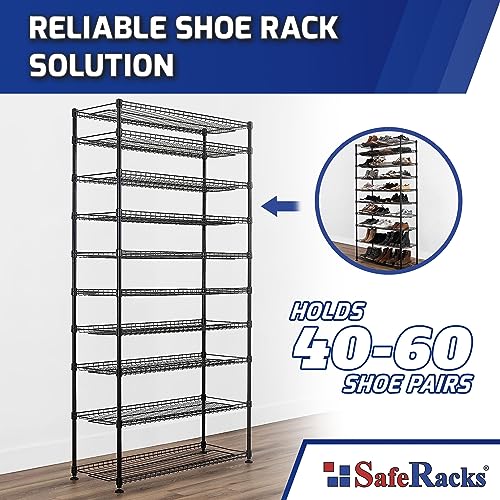 SafeRacks 10-Tier Shoe Rack - Black, Large Shoe Storage Organizer, 60 Pair, Heavy Duty Shoe Stand with Vertical Free Standing Shoe Shelf, Perfect for Entryway, Closet, Garage, & Bedroom Storage