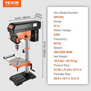 VEVOR 12 in Benchtop Drill Press, 5 Amp 120V, Variable Speed Cast Iron Bench Drill Press, 12 in Swing Distance 0-45° Tiltling Worktable with Laser Work Light, Tabletop Drilling Machine for Wood Metal