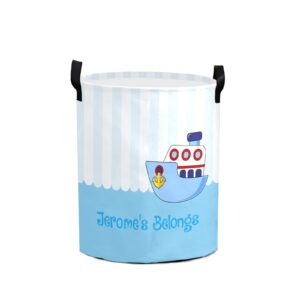 custom laundry hamper, cartoon striped blue ship boat laundry basket round clothes storage basket for bedroom, 14.17x19.68 in