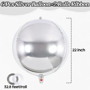 Metallic Silver Balloons, 22 Inch Large Sphere Round Balloons, 6 Pcs Silver Foil Mylar Balloons for Birthday Graduation Bridal Shower Halloween Party Decorations Supplies