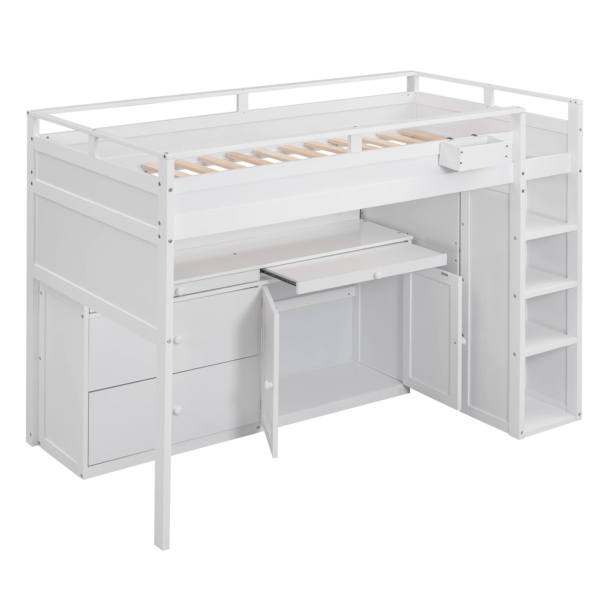 Merax Loft Bed Twin Size with Desk, Super Storage Space with Drawers & Cabinet (Movable Design), White