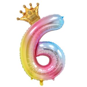 40 inch rainbow gradient number 6 and mini crown balloon for 6th birthday party decorations, girl birthday party balloons decorations,anniversary decorations supplies