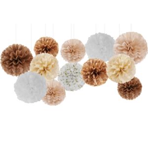 boho baby-shower party-decorations tissue pom-poms - 12pcs neutral rainbow birthday wedding bridal paper flowers streamers,white brown champagne engagement bachelorette christmas decor ouruola