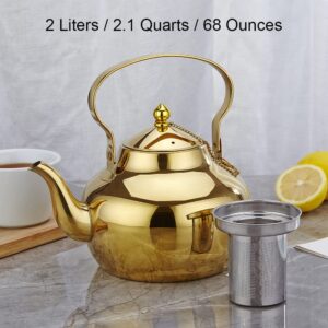 2000ml Gooseneck Teapot with Removable Infuser, 2.1qt Hot Water Kettle Boiling Water Pot, Stainless Steel Tea Kettle, Stovetop Safe Teapot Coffee Kettle for Coffee Blooming, Loose Tea, Gold