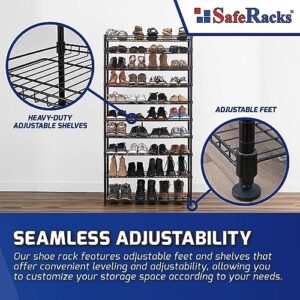 SafeRacks 10-Tier Shoe Rack - Black, Large Shoe Storage Organizer, 60 Pair, Heavy Duty Shoe Stand with Vertical Free Standing Shoe Shelf, Perfect for Entryway, Closet, Garage, & Bedroom Storage