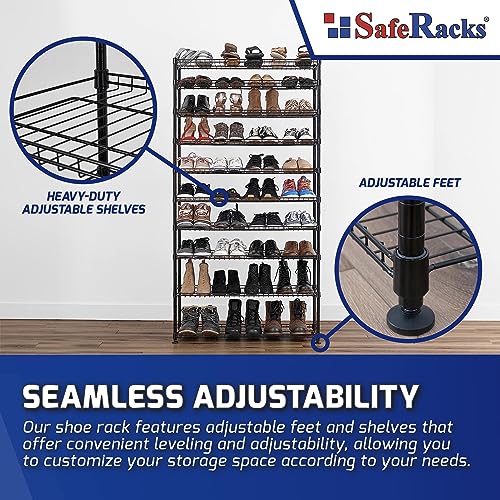 SafeRacks 10-Tier Shoe Rack - Black, Large Shoe Storage Organizer, 60 Pair, Heavy Duty Shoe Stand with Vertical Free Standing Shoe Shelf, Perfect for Entryway, Closet, Garage, & Bedroom Storage