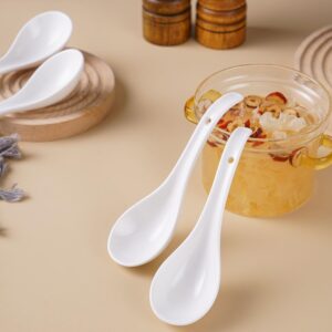 AXIAOLU Asian Soup Spoon,6.75 Inch Ceramic Ramen Spoon,White Chinese Soup Spoons,With Deep Oval Hook Design,for Dumpling,Pho,Noodles,Miso,Wonton,Set Of 4