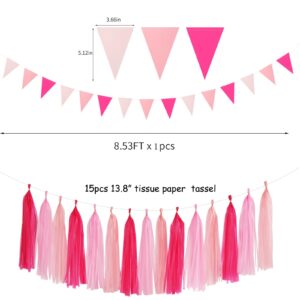 Rose Hot Pink Party Decorations - 23pcs Girl Birthday Baby Shower Tissue Pom Poms Streamers, Bachelorette Bridal Wedding Engagement Supplies Tassel Garland Banner,Valentines Day Favors Decor Ouruola