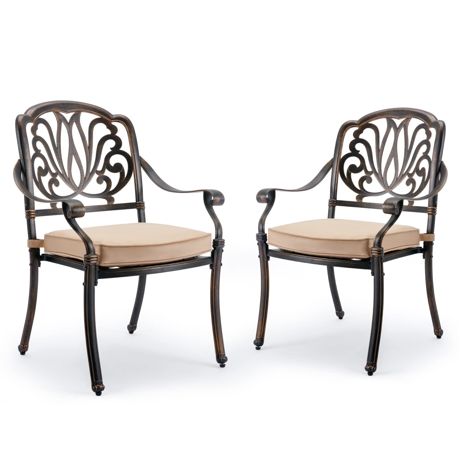 Attliahome 2-Pack Outdoor Cast Aluminum Dining Chairs Set - All-Weather Patio Chairs with Removable Cushions and Armrests and Backrests for Bistro, Restaurant, Garden, Backyard