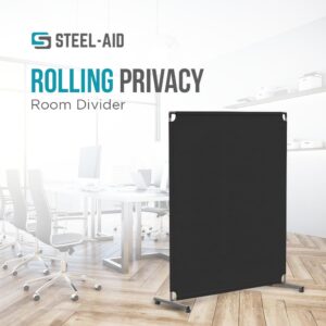 Steel-AID 50-inch Rolling Privacy Room Divider - Freestanding Office Wall Partition with Non See-Through Blackout Screen - Sturdy & Durable Iron Frame - Rolling Wheels - Black, White, Gray & Blue