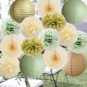 Sage Green Party Decorations Cream Paper Fans Gold Tissue Paper Pom Poms Paper Lanterns Sage Green and Gold Party Decorations for Baby Shower Bridal Shower Birthday Wedding Engagement Party