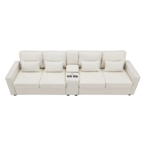 WILLIAMSPACE 114.2" Upholstered Sofa Couch for Living Room, Modern 4 Seater Sofa Fabric Couches with Storageable Coffee Table and 2 Cupholders, 2 USB Ports Wired or Wirelessly Charged (Beige)