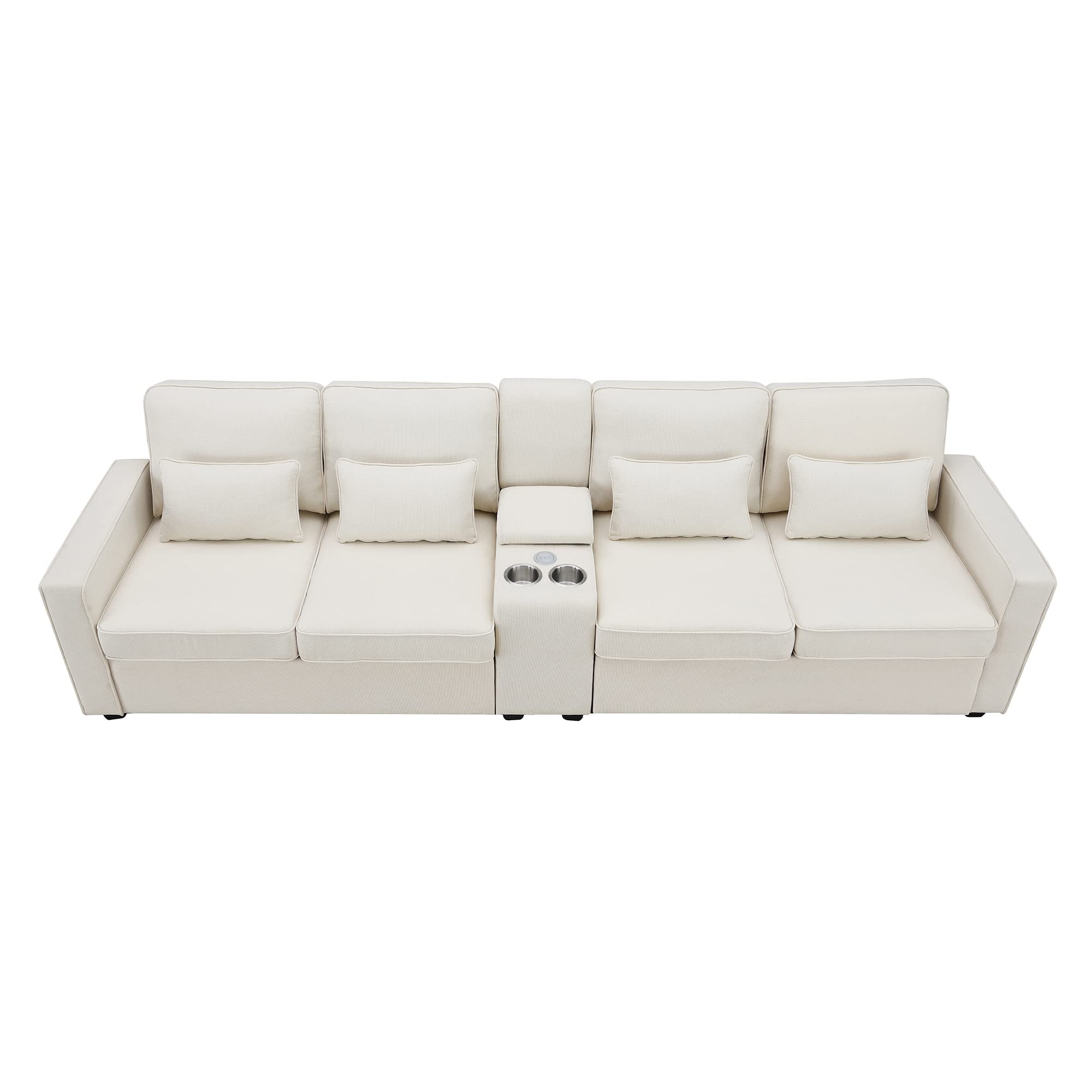 WILLIAMSPACE 114.2" Upholstered Sofa Couch for Living Room, Modern 4 Seater Sofa Fabric Couches with Storageable Coffee Table and 2 Cupholders, 2 USB Ports Wired or Wirelessly Charged (Beige)