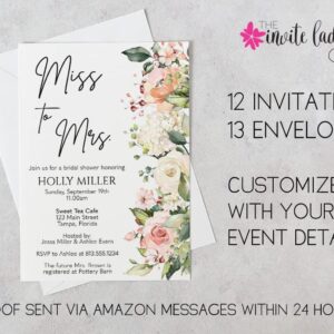 Bridal Shower Invitation Wedding Shower Invite Miss to Mrs Bachelorette Party Last Fling Before the Ring Floral Flowers Printed Cards Customized Personalized Cards (12 Count)