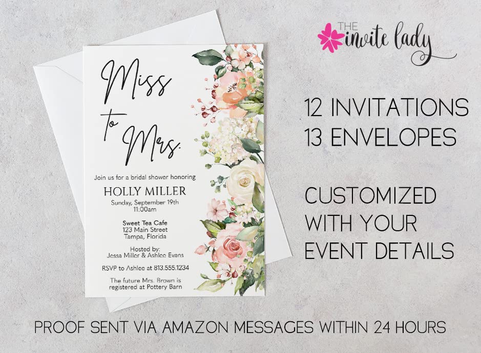 Bridal Shower Invitation Wedding Shower Invite Miss to Mrs Bachelorette Party Last Fling Before the Ring Floral Flowers Printed Cards Customized Personalized Cards (12 Count)