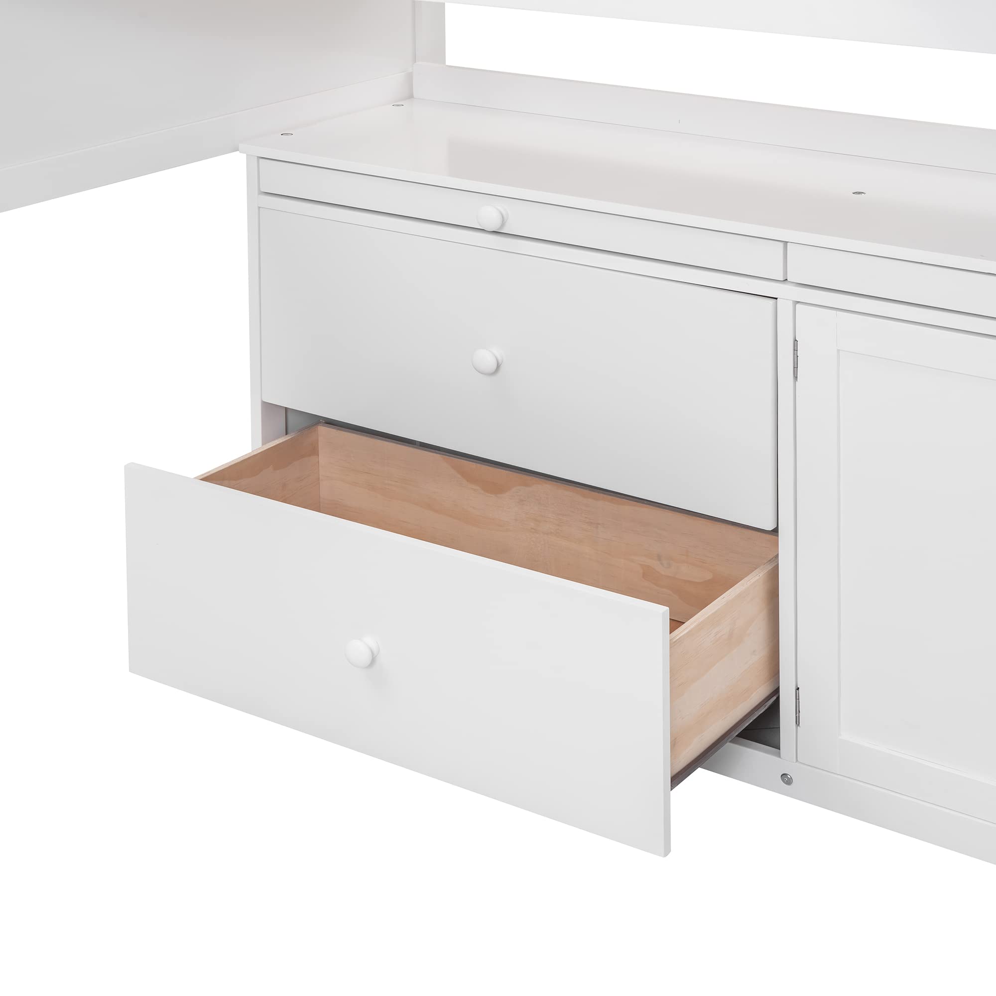 Merax Loft Bed Twin Size with Desk, Super Storage Space with Drawers & Cabinet (Movable Design), White