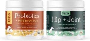 fera pets probiotics and hip & joint supplements for dogs bundle – all natural probiotics powder with 5 billion cfus per scoop – joint care and health support chewy dog treats (90 soft chews)