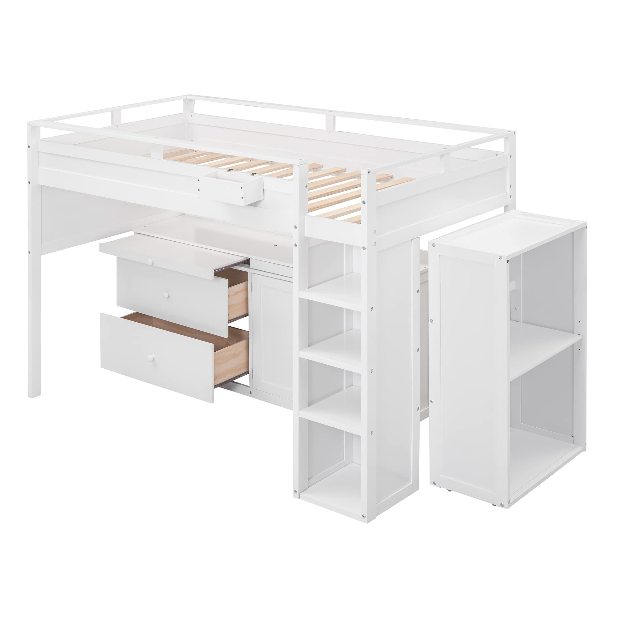 Merax Loft Bed Twin Size with Desk, Super Storage Space with Drawers & Cabinet (Movable Design), White