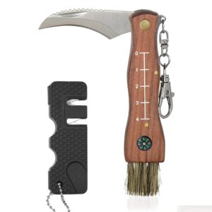 cabuge mushroom knife with brush & sharpener, folding pocket knife with wood handle & clip for men women, folding knives for outdoor camping