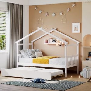 voqoomkl twin size floor bed with twin size trundle, wooden house bed with headboard and footboard, daybed with roof design and wood slats supprt for boys girl bedroom, no box springs required, white