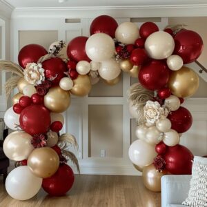 Burgundy Gold Balloons Garland Double Stuffed Wine Red Sand White Balloons Metallic Gold Latex Balloons Arch Kit for Bridal Wedding Christmas Anniversary Baby Shower Birthday Party Decorations