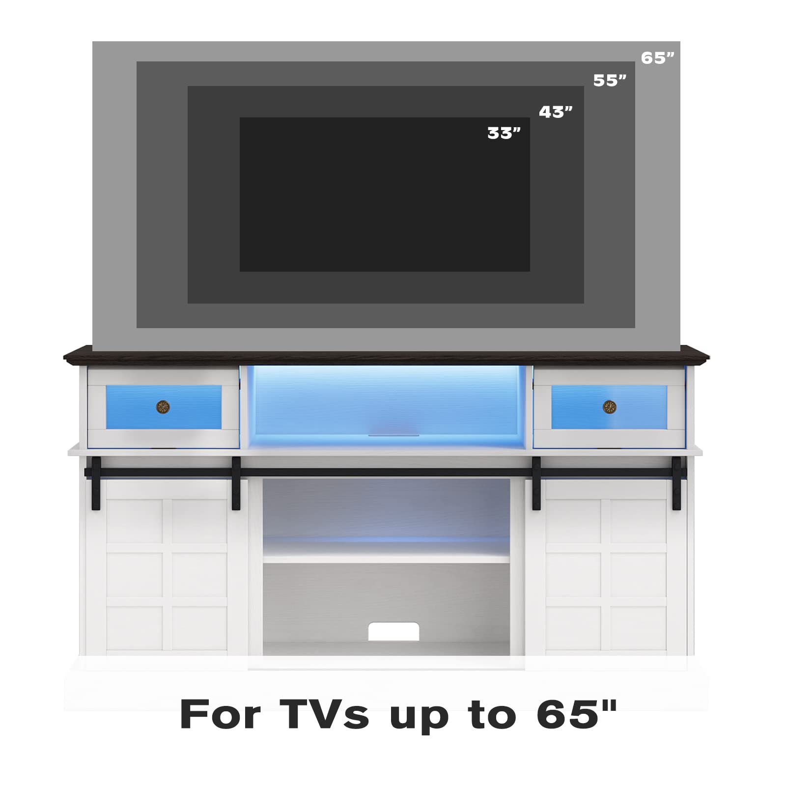 LGHM Farmhouse TV Stand w/LED Light, White TV Stand for 65 inch TVs, Entertainment Center TV Cabinet Stands with Flip Drawers, Sliding Barn Door TV Center Media Console Table for Living Room Bedroom