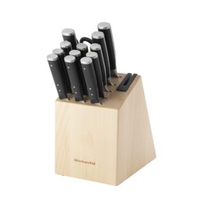 kitchenaid gourmet forged triple rivet knife block set with built-in knife sharpener, high carbon japanese stainless steel kitchen knives, sharp kitchen knife set with block, birchwood,14-piece, black