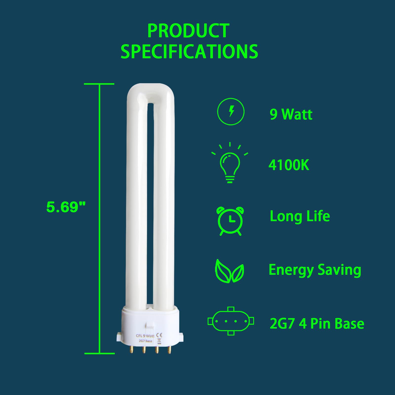 9 Watt 2G7 Base Fluorescent Light Bulb,Replacement for Satco S8365,6416,Coleman Lantern Bulb,Kandolite 96500,Rayovac F9w-1 Light Bulb,CF9DS/E/841,4 Pin 2G7 Base,4100K 2PACK