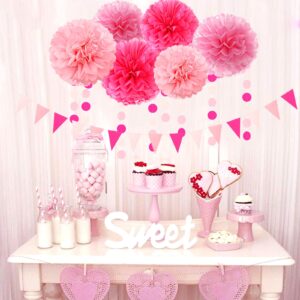 Rose Hot Pink Party Decorations - 23pcs Girl Birthday Baby Shower Tissue Pom Poms Streamers, Bachelorette Bridal Wedding Engagement Supplies Tassel Garland Banner,Valentines Day Favors Decor Ouruola