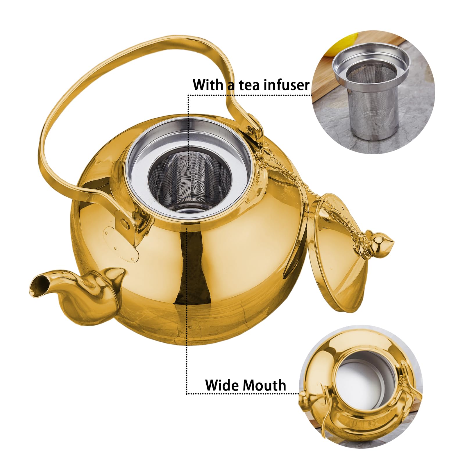 2000ml Gooseneck Teapot with Removable Infuser, 2.1qt Hot Water Kettle Boiling Water Pot, Stainless Steel Tea Kettle, Stovetop Safe Teapot Coffee Kettle for Coffee Blooming, Loose Tea, Gold