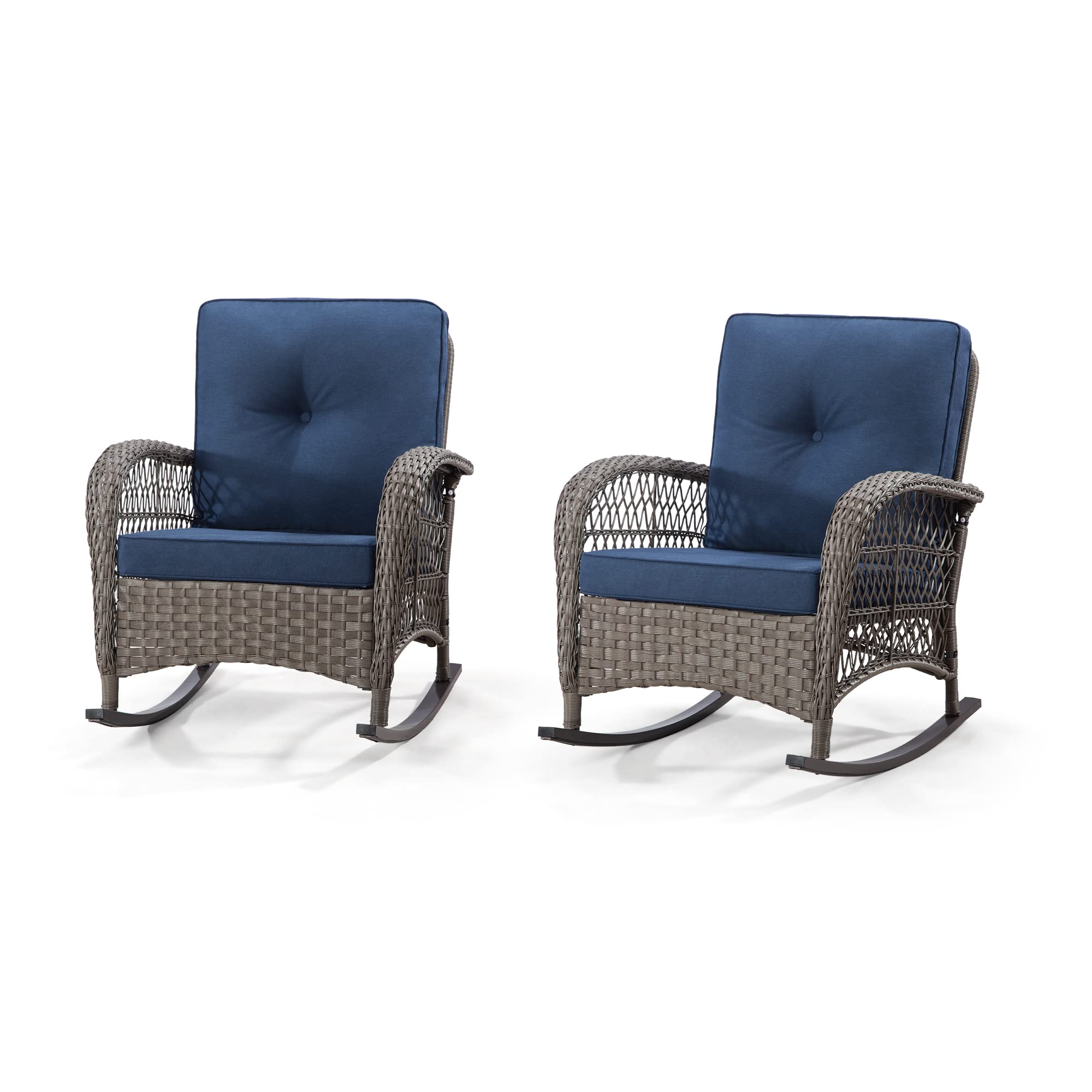 MeetLeisure Patio Wicker Rocking Chair Set of 2 - All-Weather Outdoor Rocker Chair Two Pieces with Safe Rocking Design and Premium Fabric Cushions (Mixed Grey/Blue)