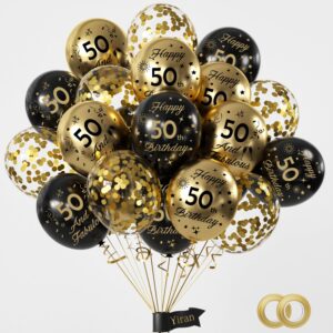 yiran 50th birthday balloons, black gold number 50 balloons, 15pcs happy birthday balloons party deocorations supplies, 12inch latex confetti balloons for adult men women