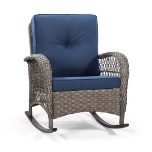 meetleisure patio wicker rocking chair - all-weather outdoor rocker chair with safe rocking design and premium fabric cushions (mixed grey/blue)