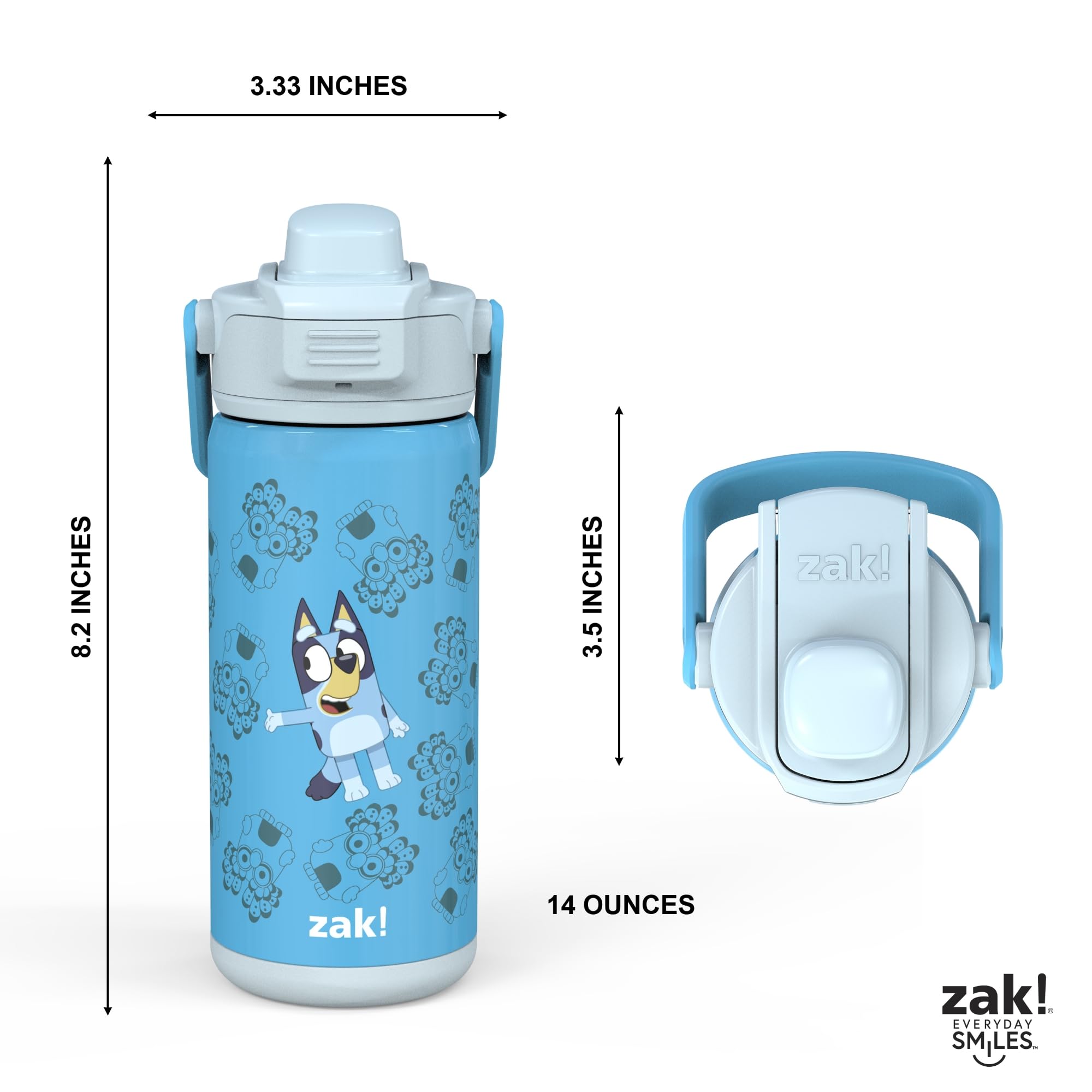 zak! Beacon Insulated Bottle, Bluey - 14 oz - Durable Stainless Steel - Double-Wall Vacuum Insulation, Silicone Spout & Push-Button, Leak-Proof Lid - Dishwasher Safe