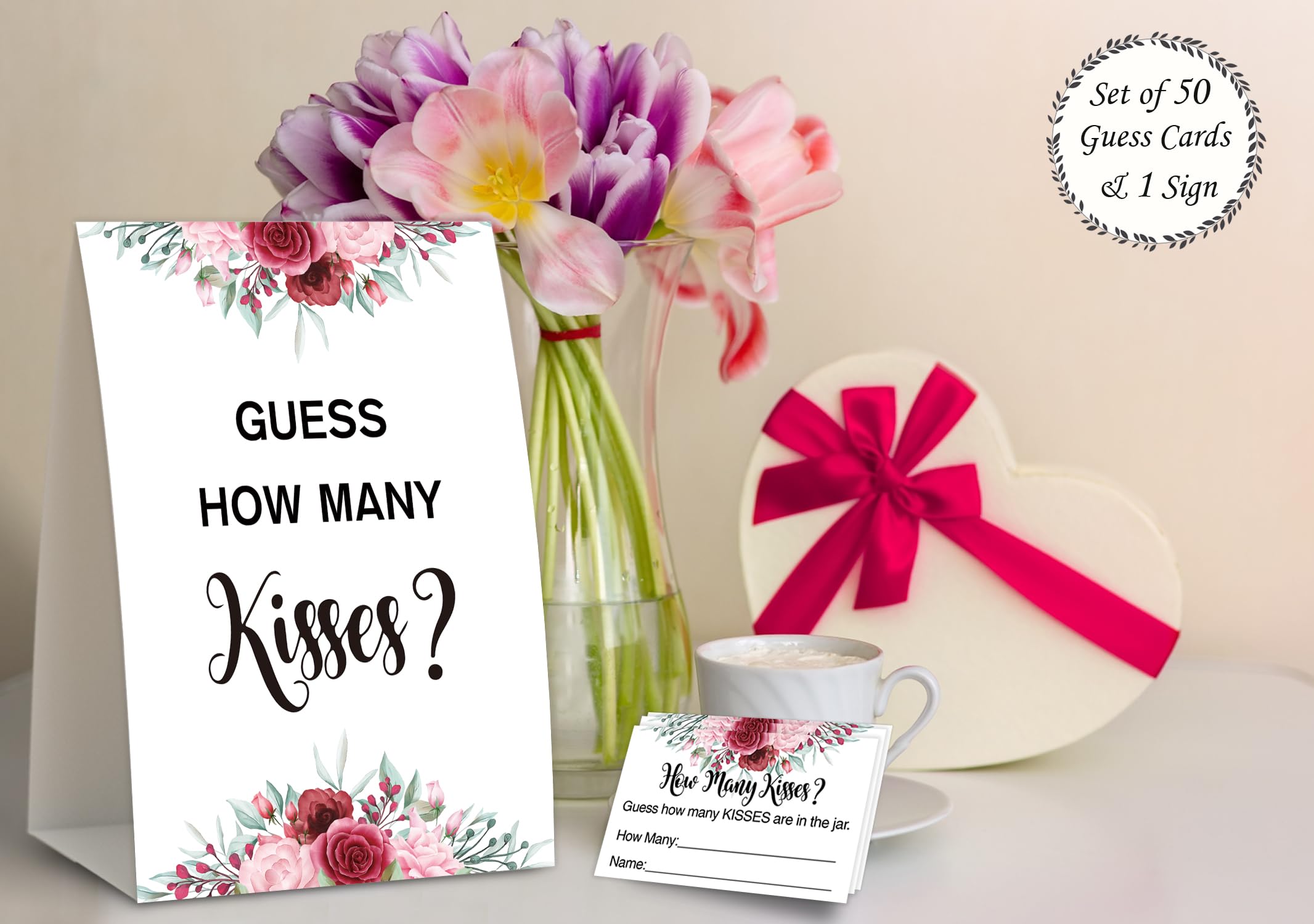 Floral Theme Guess How Many Kisses Bridal Shower Game,Wedding Shower,Bridal Shower Decorations,Popular Bridal Shower Games,Engagement Party Game,Set Including 1 Sign And 50 Guessing Cards-03