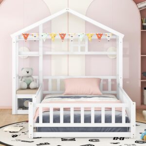 Floor Bed with Fence Railings and House Shape Headboard, Twin Size House Beds with Nightstand and Wooden Slats Support, Kids Montessori Style Playhouse Bed Frame for Girls Boys, White