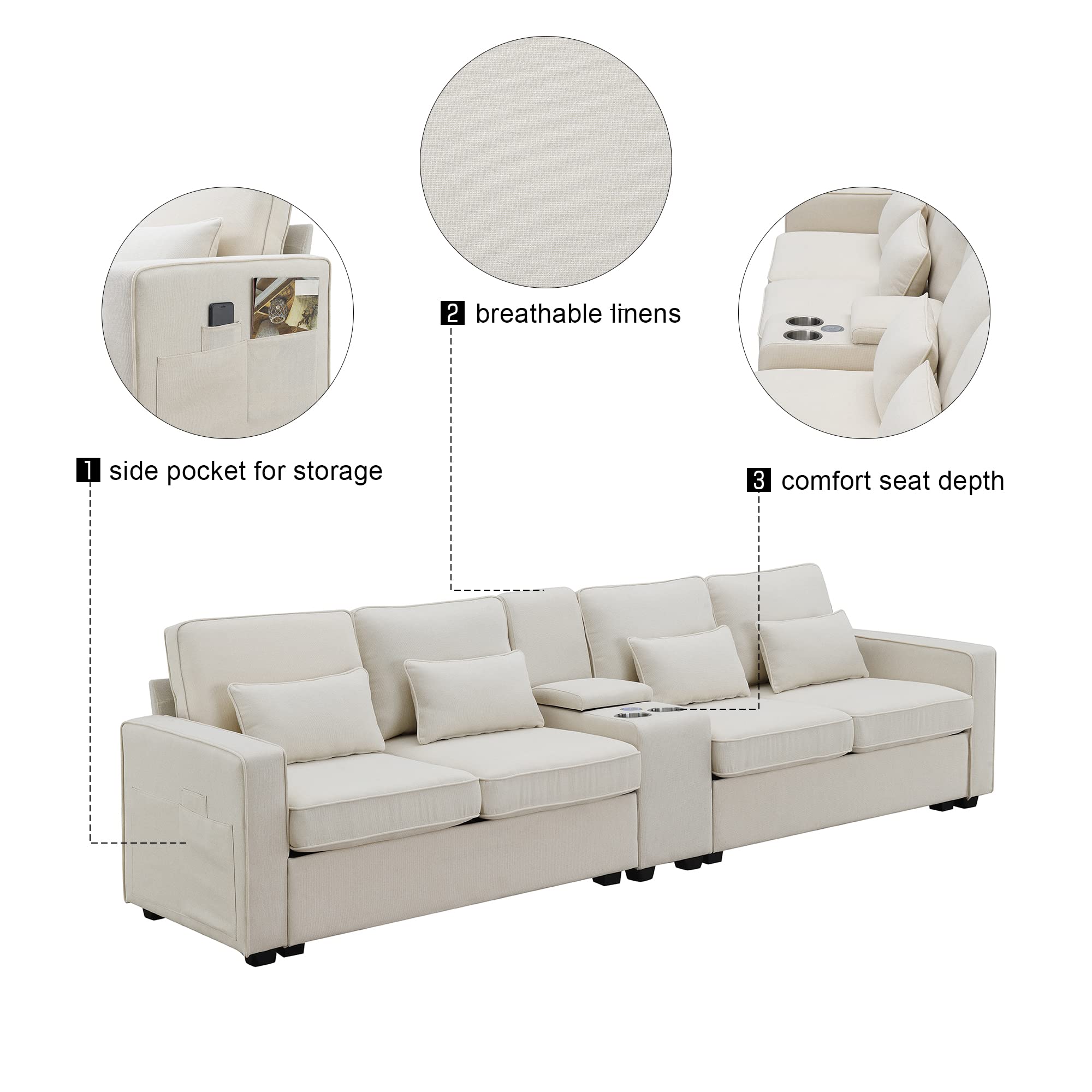 WILLIAMSPACE 114.2" Upholstered Sofa Couch for Living Room, Modern 4 Seater Sofa Fabric Couches with Storageable Coffee Table and 2 Cupholders, 2 USB Ports Wired or Wirelessly Charged (Beige)