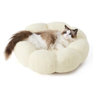 lesure calming cat beds for indoor cats - cute flower pet beds in teddy sherpa plush, donut round fluffy puppy bed, non-slip extra small dog bed fits up to 15 lbs, machine washable, cream 20"