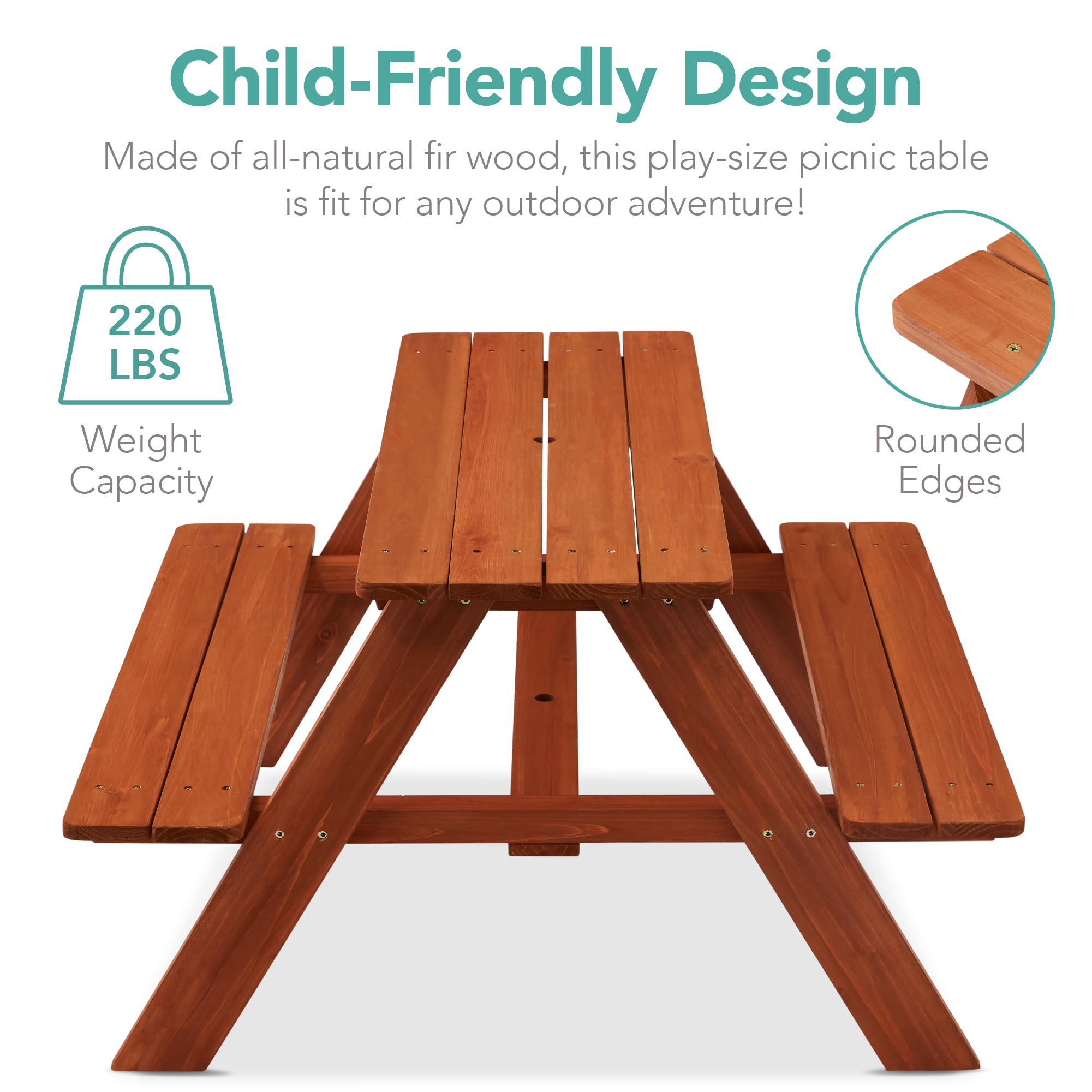 Best Choice Products Kids Wooden Picnic Table, Outdoor Activity & Dining Table w/Adjustable Collapsible Umbrella, Built-in Seats - Golden Brown/Navy