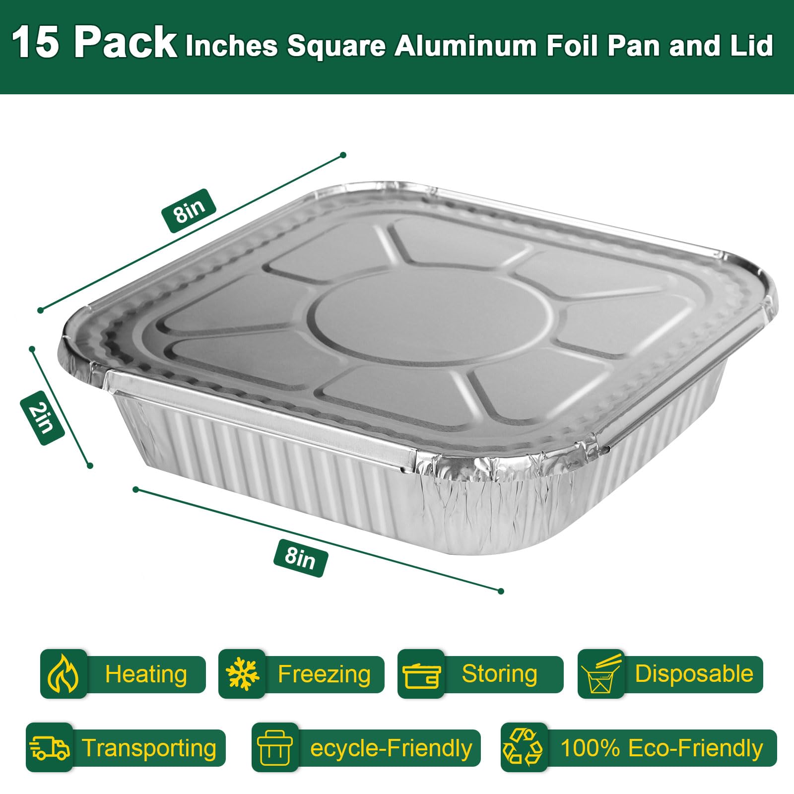 8x8 Aluminum Foil Pans with Lids - 15 Pack Square Disposable Aluminum Baking with Covers - Disposable Baking Pans for Air Fryer, Oven, Cooking