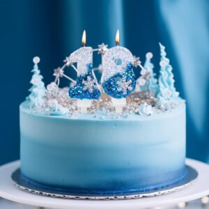 Blue Birthday Candles 3, Blue and White Glitter Birthday Number 3 Candles with Snowflake Party Supplies