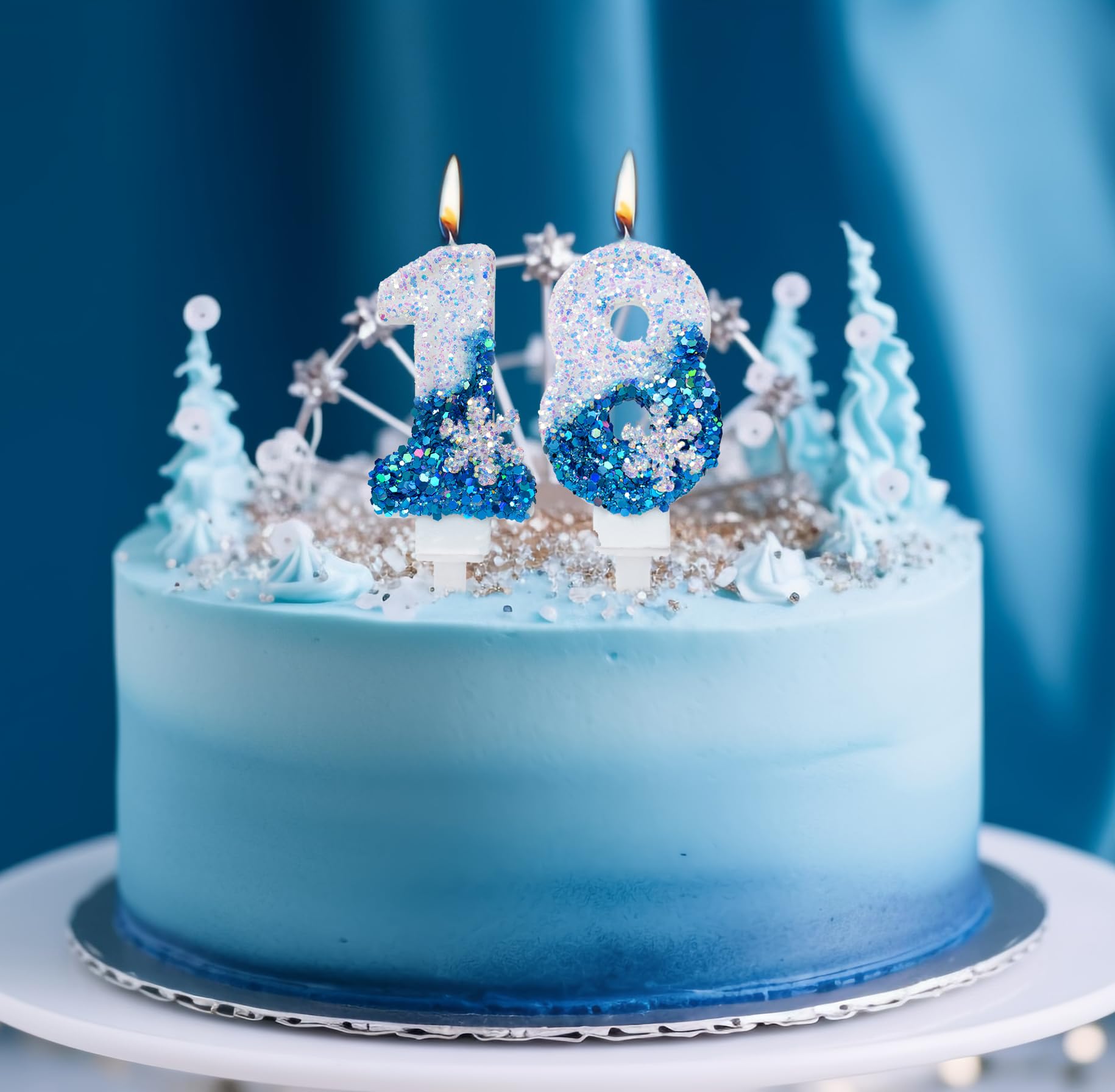 Blue Birthday Candles 3, Blue and White Glitter Birthday Number 3 Candles with Snowflake Party Supplies