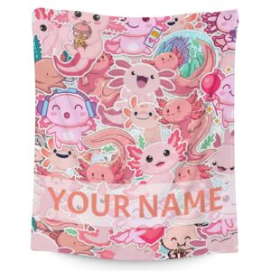 personalized axolotl blanket gifts with name - 60"x80" cute throw blanket for adults kids - pink soft plush blankets for bed, couch & travel