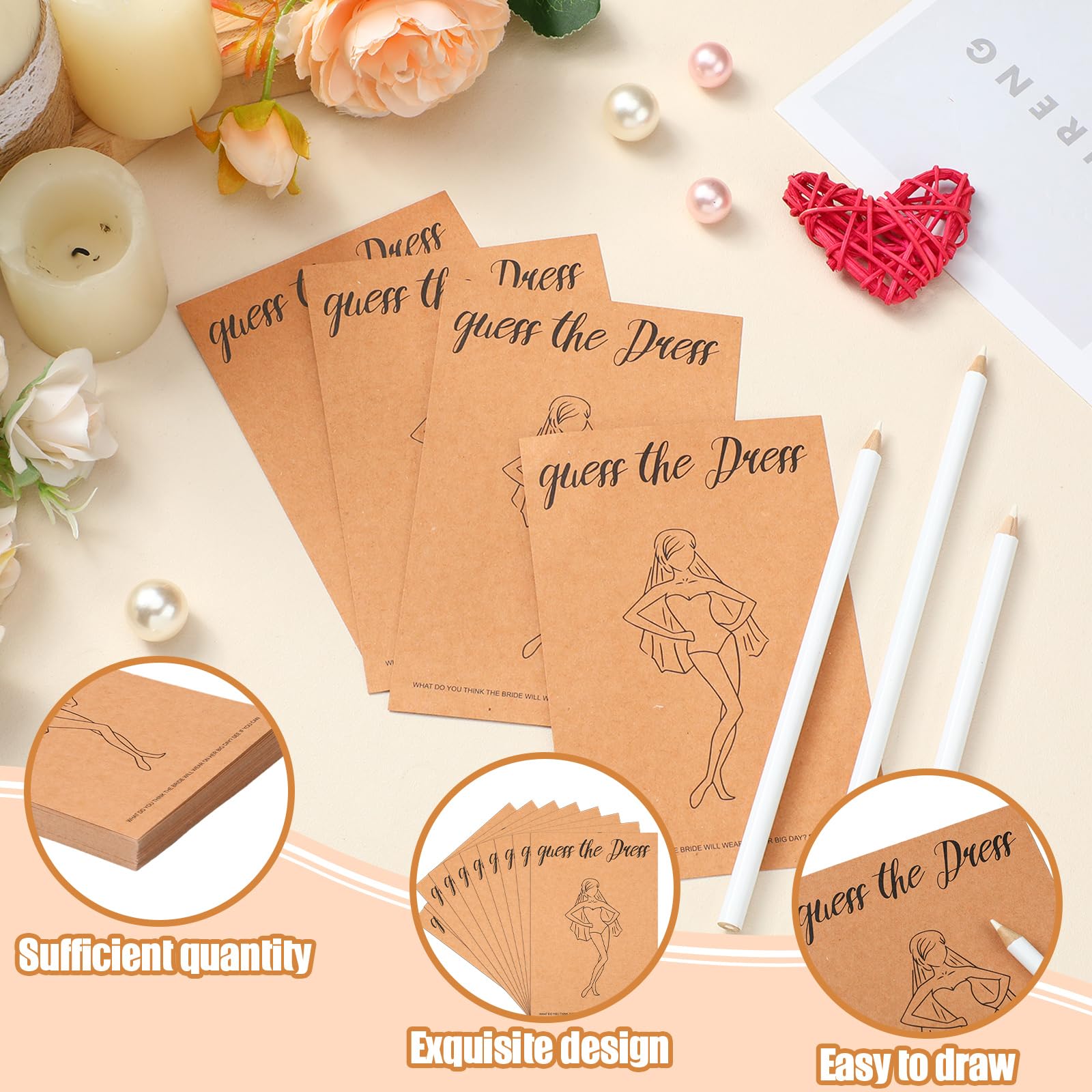 Tenceur 50 Sets Guess the Dress Bridal Shower Games Include 50 Guess the Dress Card Bridal Shower Game Wedding Shower Games and 50 White Sketching Pencils for Bridal Shower Wedding Party Favors