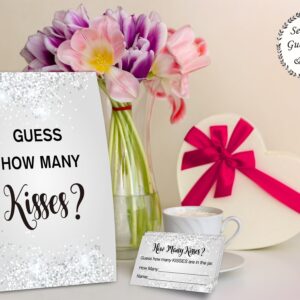 Silver Polka Dot Confetti Design Guess How Many Kisses Bridal Shower Game,Bridal Shower Decorations,Popular Bridal Shower Games,Engagement Party Game,Set Including 1 Sign And 50 Guessing Cards-08