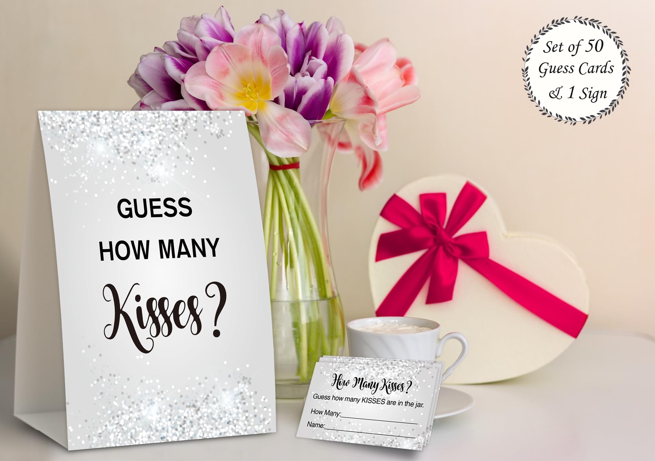 Silver Polka Dot Confetti Design Guess How Many Kisses Bridal Shower Game,Bridal Shower Decorations,Popular Bridal Shower Games,Engagement Party Game,Set Including 1 Sign And 50 Guessing Cards-08