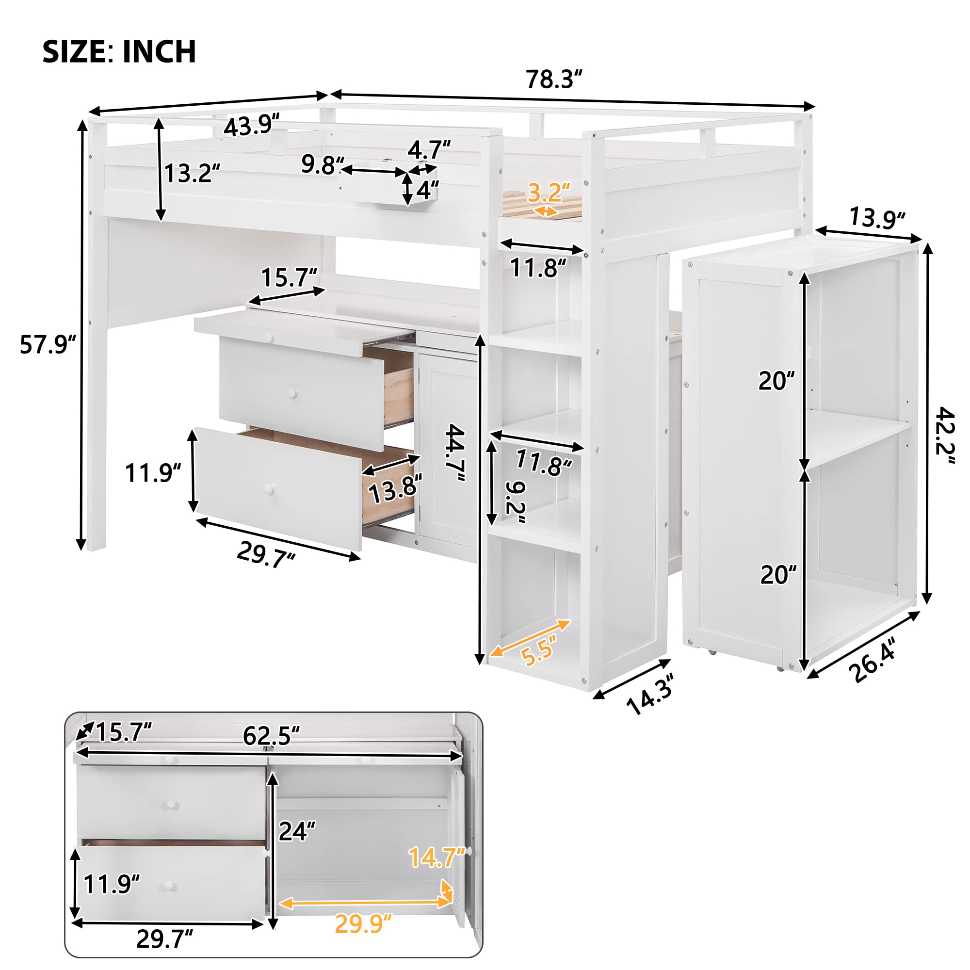 Merax Loft Bed Twin Size with Desk, Super Storage Space with Drawers & Cabinet (Movable Design), White