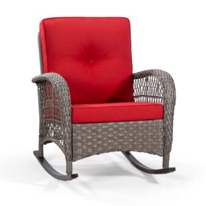 meetleisure patio wicker rocking chair - all-weather outdoor rocker chair with safe rocking design and premium fabric cushions (mixed grey/red)