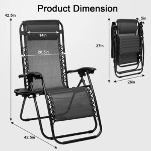 LUIBAS Zero Gravity Chair, Foldable Outdoor Reclining Lawn Chair with Adjustable Headrest and Cup Holder, Patio Lounge Recliner for Garden Poolside Camp Yard, 2 Packs, Black